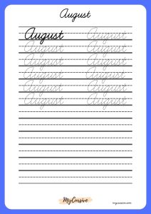 August in Cursive [Worksheet and Printables]