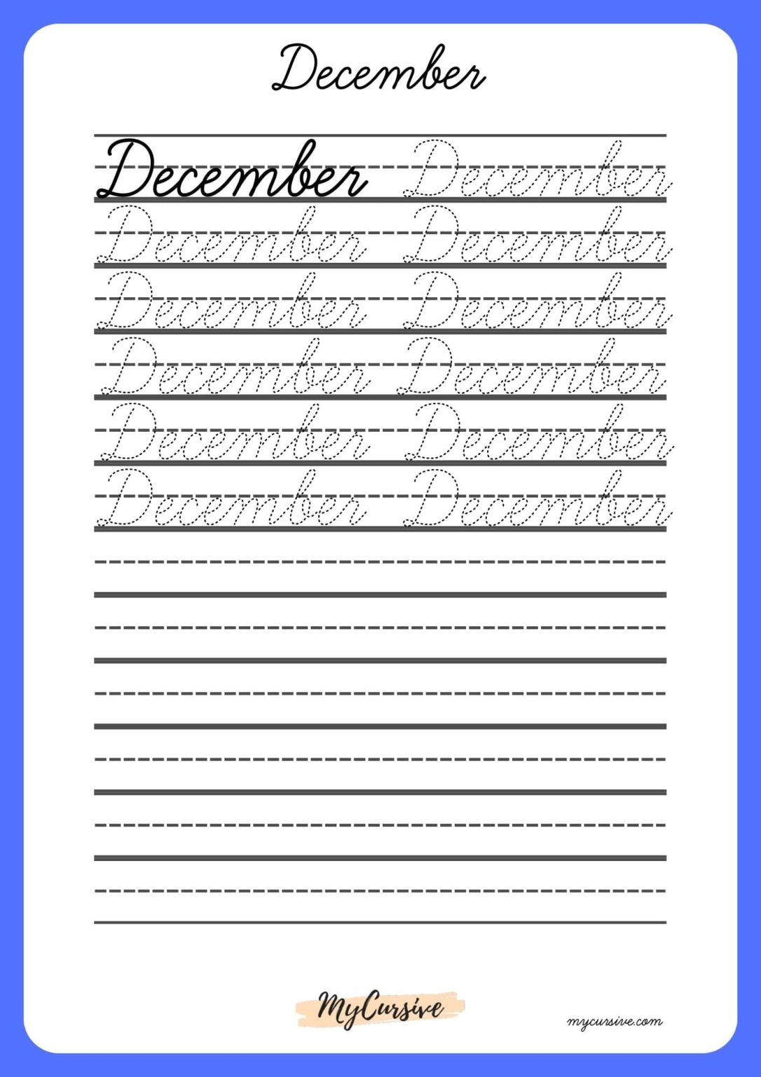 December in Cursive [Worksheet and Printables]