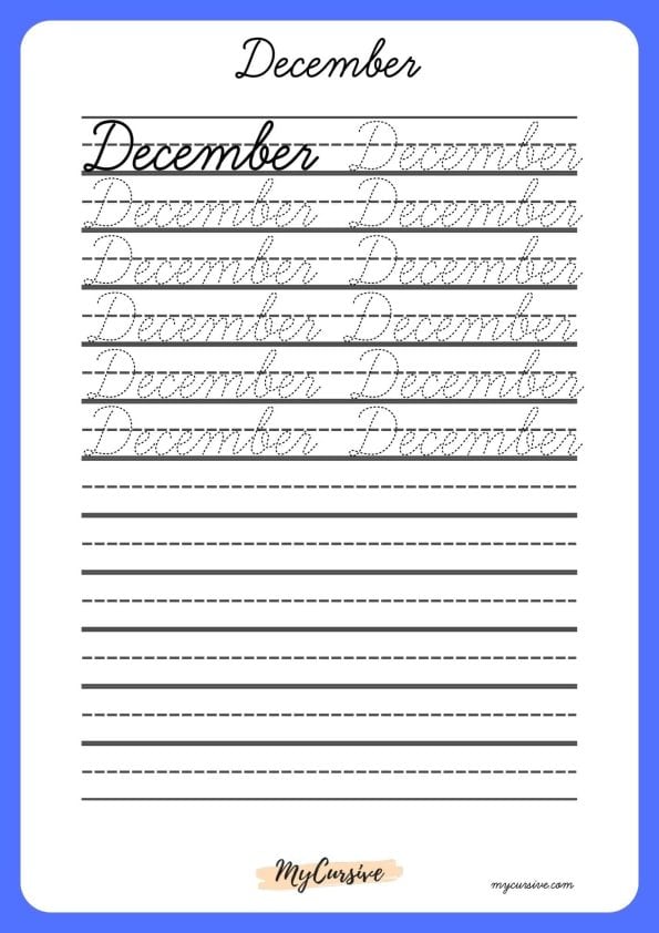 December in Cursive [Worksheet and Printables]