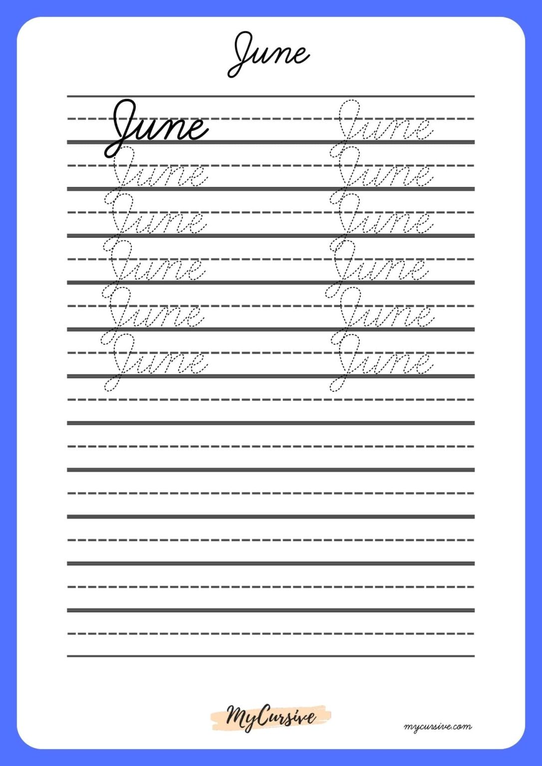 June in Cursive [Worksheet and Printables]