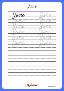 June in Cursive [Worksheet and Printables]