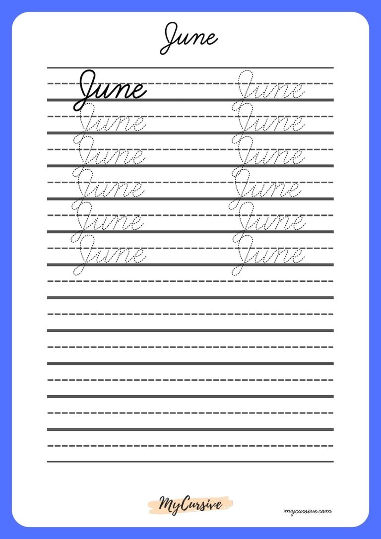 June in Cursive [Worksheet and Printables]