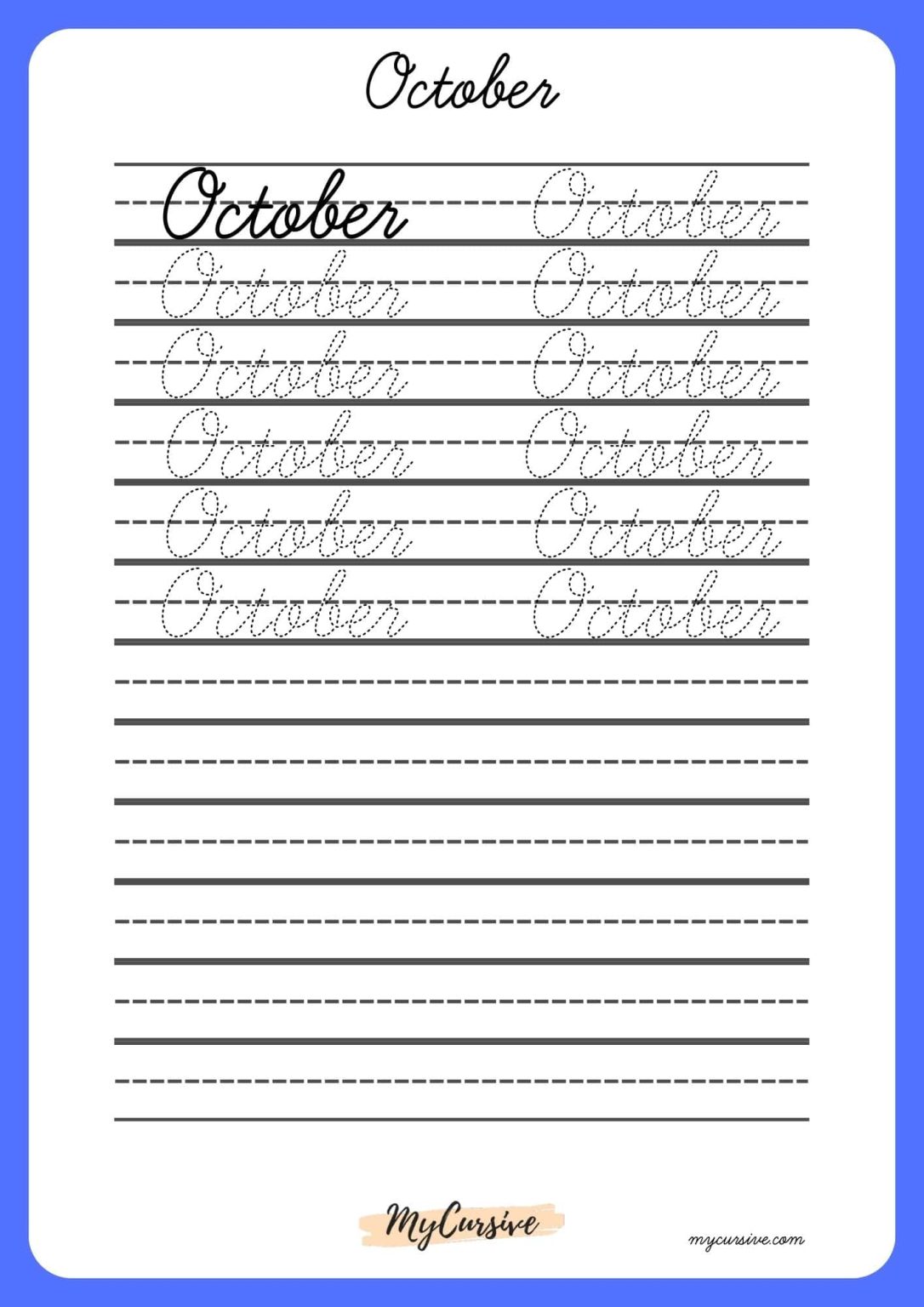 October in Cursive [Worksheet and Printables]