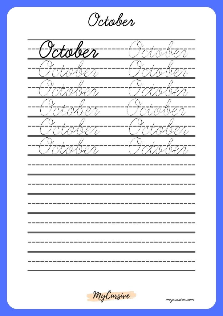 October in Cursive [Worksheet and Printables]