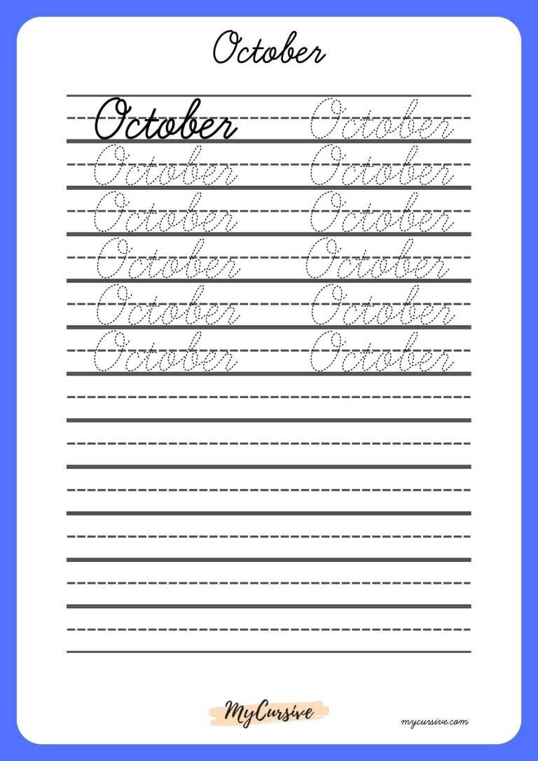 October in Cursive [Worksheet and Printables]