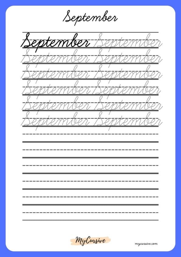 September in Cursive [Worksheet and Printables]