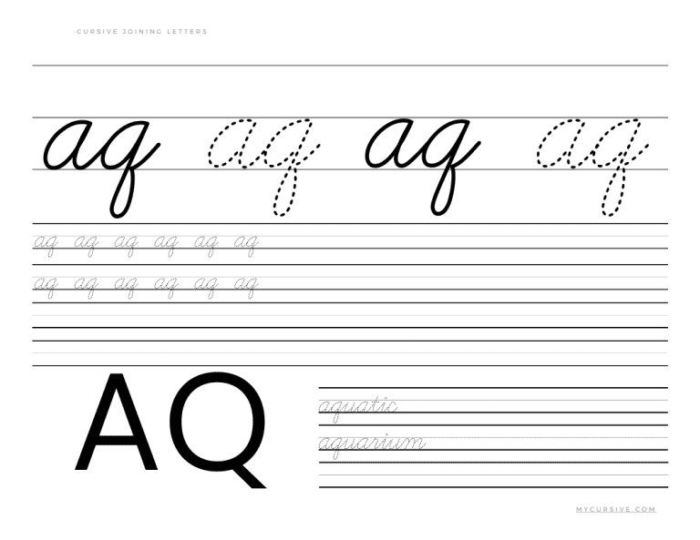Connecting letters "aq" in cursive