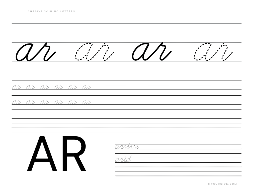 Connecting letters "ar" in cursive