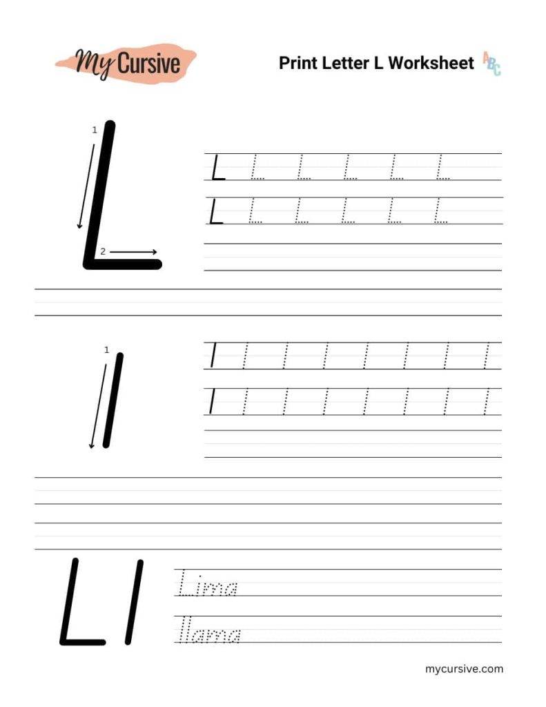 Tracing Letter L Worksheet and Tutorial
