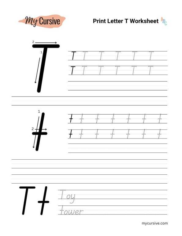 Tracing Letter T Worksheet and Tutorial